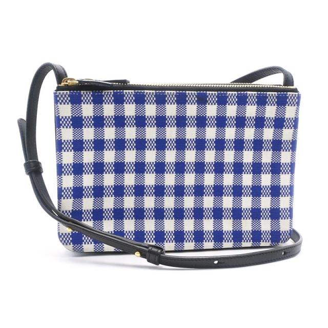 セリーヌ トリオスモール レザー キャンバス ネイビー ホワイト ブラック ギンガムチェック柄 ショルダーバッグ 青 白 中古 送料無料