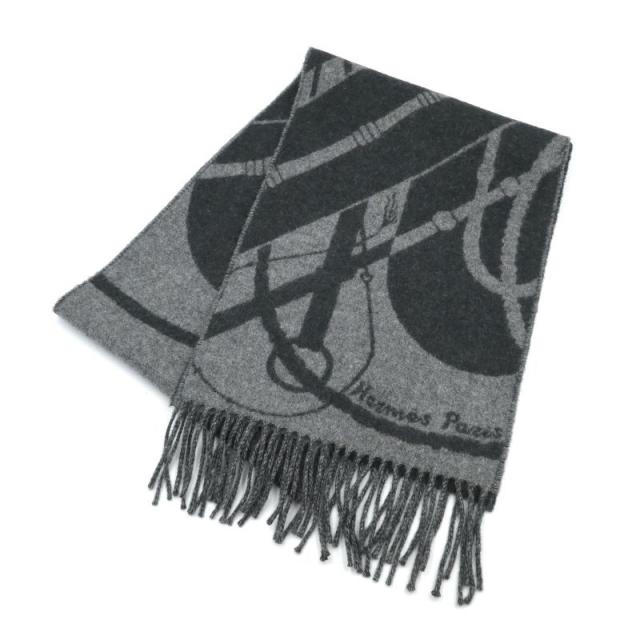 エルメス クリッククラック マフラー カシミヤ ブラック グレー ストール フリンジ 黒 灰色 中古 送料無料