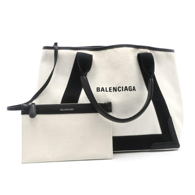 バレンシアガ ネイビーカバスM 581292 コットン カーフスキン ホワイト ブラック トートバッグ Navyカバ 肩掛けトート 黒 白 中古 送料無料