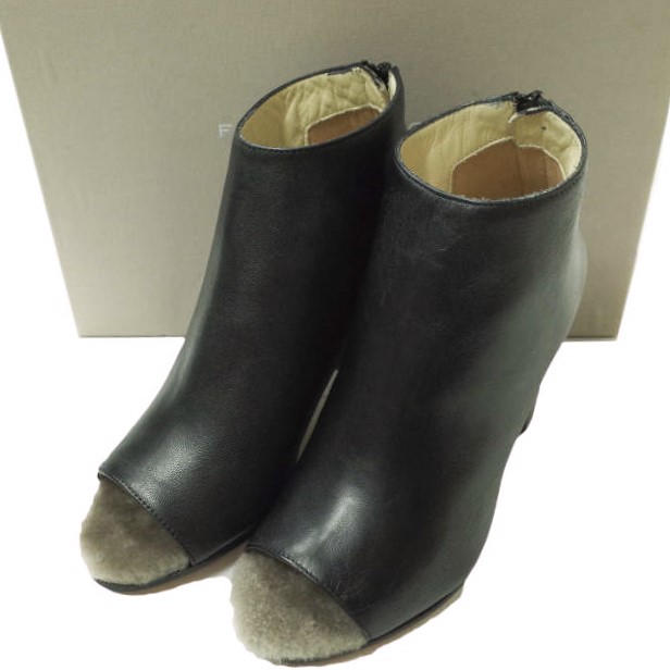 新品 FABIO RUSCONI ファビオルスコーニ オープントゥバックジップショートブーツ I-1127 35(22-22.5cm) ブラック ボア レザー ヒール