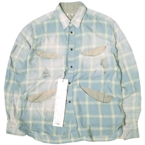 新品 KHOKI コッキ 25SS 日本製 Vintage-Effect Shirt ヴィンテージエフェクトシャツ 25ss-b-01 2 Blue オンブレチェック ダメージ加工