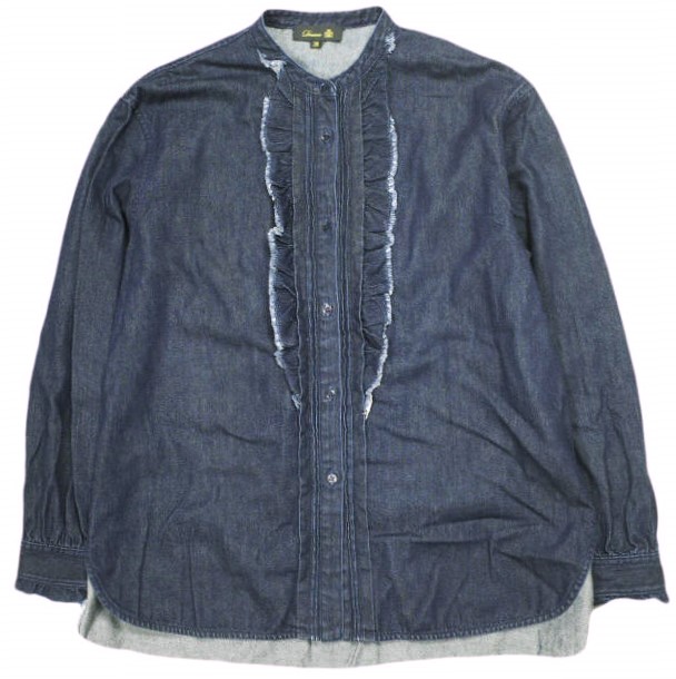 Drawer ドゥロワー 25SS 日本製 コットン×シルク デニムフリルシャツ 6511-299-0573 36 Indigo 長袖 ノーカラー 定価64,900円 トップス