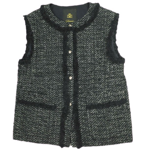 Drawer ドゥロワー 24AW 日本製 FALL1 ツイードフリンジジレ 6522-299-0889 36 Black ジレ ベスト 定価121,000円 トップス