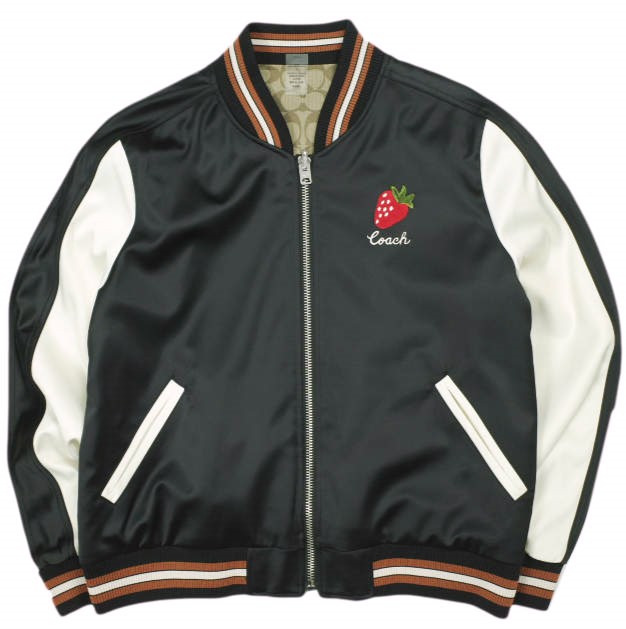 COACH コーチ リバーシブル シグネチャー スーベニアジャケット ストロベリーエンブロイダリー CG460 S BLACK/WHITE イチゴ スカジャン