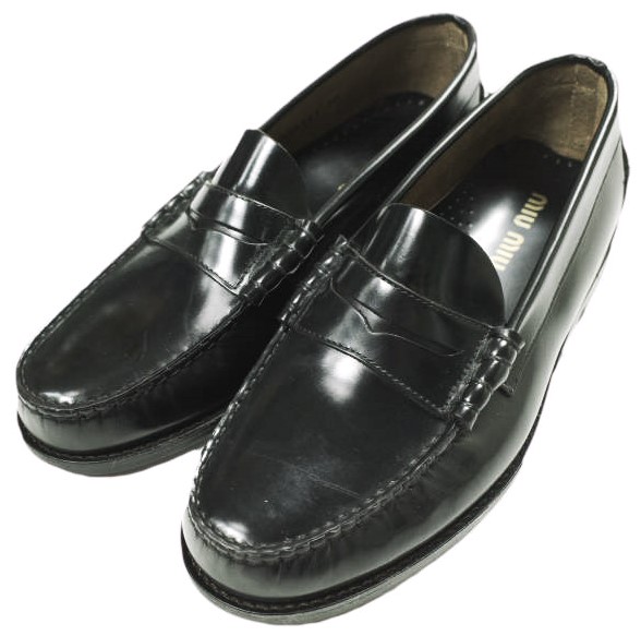 新品 MIU MIU ミュウミュウ ポルトガル製 ブラッシュドレザー ペニーローファー 2024年モデル DNC727 40(25cm) BLACK  シューズ