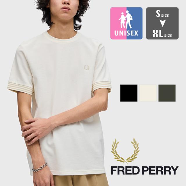 【クーポン対象外】「 FRED PERRY フレッドペリー 」 Striped Cuff T-Shirt ストライプ カフ Tシャツ M7707 / 半袖 クルーネック 丸首 無地 ワンポイント 鹿の子 メンズ レディース ユニセックス