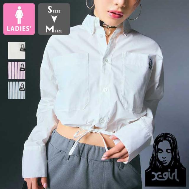 「 X-girl エックスガール 」 FACE LABEL CROPPED L/S SHIRT フェイス ラベル クロップド 長袖シャツ 105251014002 / x-girl シャツ 長袖シャツ ストライプ柄 クロップド丈 /