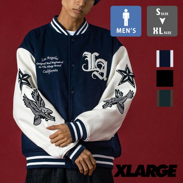 「 XLARGE エクストララージ 」 VARSITY JACKET バーシティー ジャケット 101254021004 / xlarge エクストララージ バーシティー ジャケット スタジャン サガラ 刺繍 ワッペン メルトン 中綿 メルトン 合皮 ストリート 2025AW