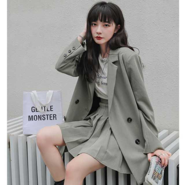 セットアップ スーツセット レディース 2点セット コート スカート ミニ丈 プリーツスカート 通勤 ストレート 長袖 無地 大きめ 20代 30代 デイリー 着痩せ 2色 体型カバー カジュアル キレセク