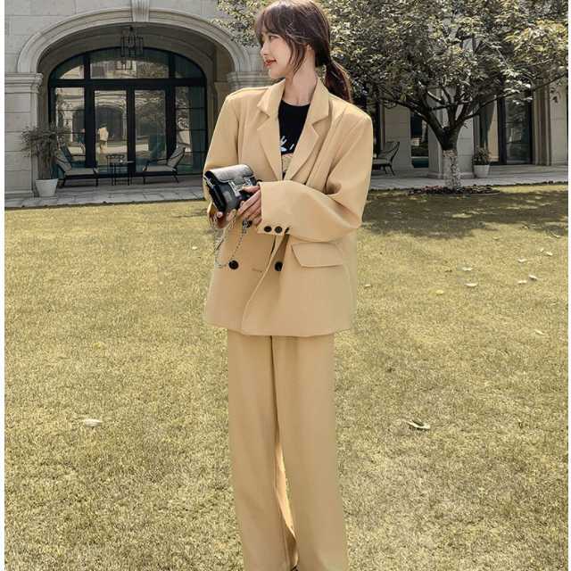 セットアップ スーツセット レディース 2点セット コート パンツ  通勤 ストレート 長袖 無地 大きめ 20代 30代 デイリー 着痩せ 3色 体型カバー カジュアル キレセク