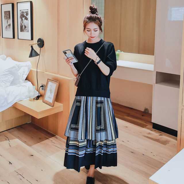 ワンピース ニットワンピース ロングワンピース レディース 長袖 ドッキングワンピース ニットワンピース ニット プリーツスカート 幾何学模様 ロングワンピ プリーツ 長袖ワンピース ニットワンピ きれいめ 清楚 上品 キレセク