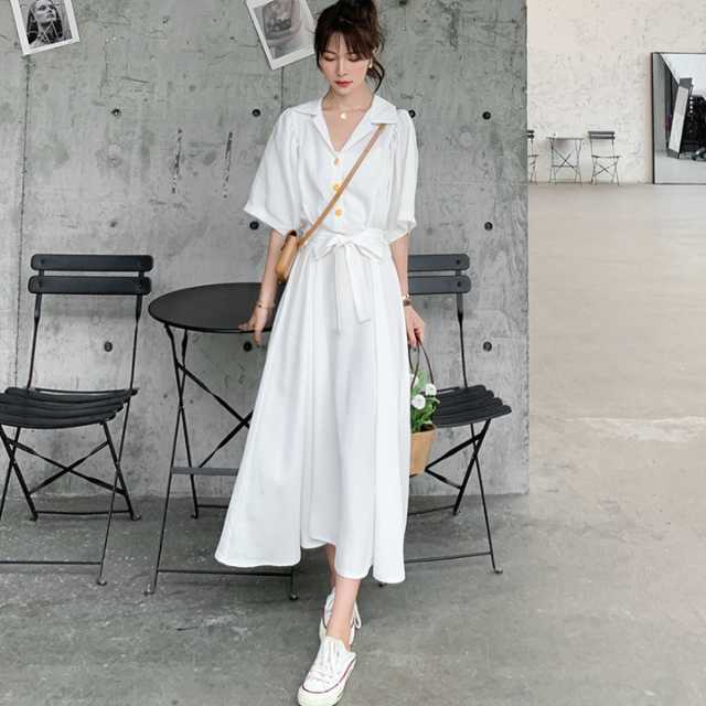 ワンピース シャツワンピース レディース ロング丈 半袖 ケープスリーブ スタンダードカラー ウエストマーク リボン ボタン シャツワンピ シャツ 無地 シンプル きれいめ 大人ワンピ 春 夏 キレセク