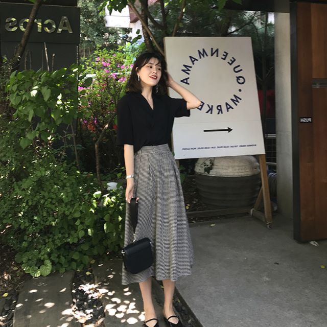 セットアップ レディース ツーピース トップス 半袖 フレア スカート ミディ丈 チェック柄 ゆったり 大きいサイズ ハイウエスト カジュアル 上品 きれいめ 春 夏 秋 お出かけ かわ大 キレナチュ セットアップ レディース ツーピース トップス 半袖 フレア スカート