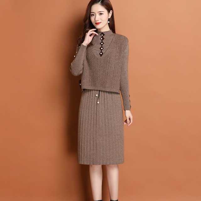 即納 即日発送 在庫処分 セットアップ レディース 秋冬 ニット セットアップ レディース ロング丈スカート トップス 長袖 ２点セット ニットセーター クルーネック タイトスカート ミモレ丈 秋冬通勤服 カジュアル 普段着 着回し シンプル トレンドセットアップ トレ定 かわ大