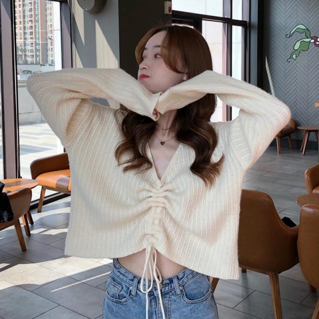 トップス レディース ニット セーター レディース トップス Vネック 長袖 萌え袖 体型カバー シンプル 秋 冬 リボン きれいめ カジュアル シャーリング ギャザー キレナチュ
