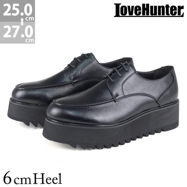 カジュアルシューズ メンズ Uチップ 紐靴 厚底 6cmヒール 防滑 シャークソール 3E 合皮 PUレザー 身長アップ No.1732 25cm-27cm 黒 ラブハンター