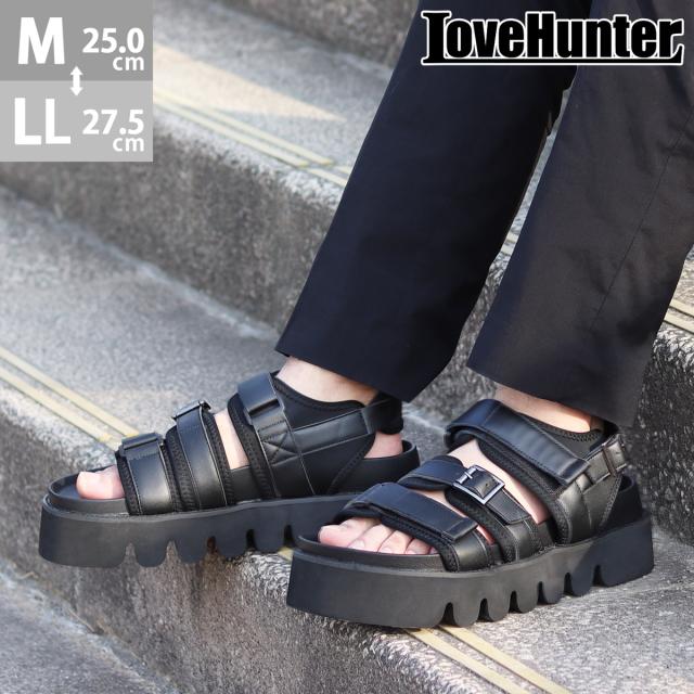 スポーツサンダル ベルトストラップ マジックテープ メンズ キャタピラーソール 合皮 履きやすい 春夏 4.5cmヒール No.1962 25.0cm-27.5cm 黒 ラブハンター