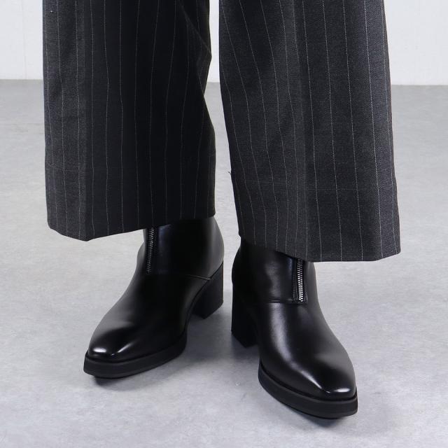 ブーツ メンズ ショート フロントジップ 太めヒール 6cmヒール リング