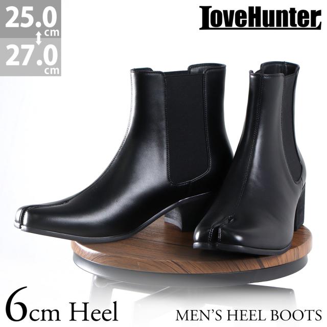 ブーツ メンズ ショート 足袋ブーツ サイドゴア 太めヒール 6cmヒール 着脱簡単 合皮 3E シンプル 秋 冬 No.6841 25cm-27cm 黒 ブラック ラブハンター