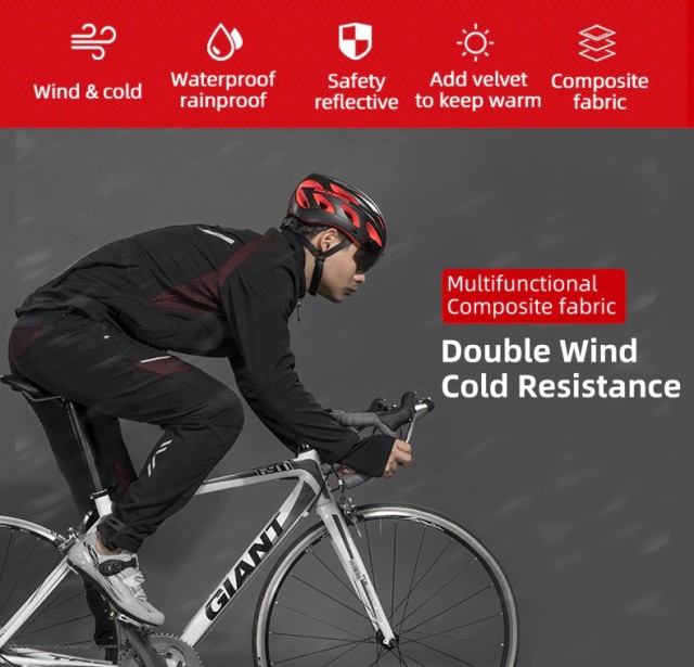 サイクリングウェア上下セット ロードバイク レディース メンズ 防水 防風 反射 フリース スポーツウエア ブラック