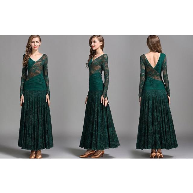 ★送料無料 レディース社交ダンスワンピース 優しいデザイン レース ワンピース新品 グリーン サイズ選択可