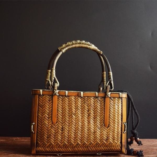 竹編細工籠 ハンドバッグ 時代物 女性 レディース メンズ 竹網代編 竹細工 美品 持手古竹 美術 着物 提籃籠