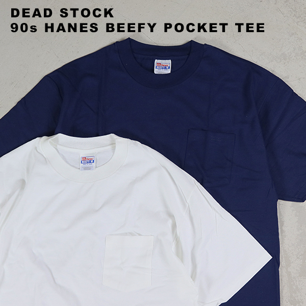 DEAD STOCK / HANES BEEFY POCKET TEE / FABRIC MADE IN USA  / ASSEMBLED IN MEXICO / SIZE XL / WHITE / NAVY / hanes-import-002 / ネコポス配送