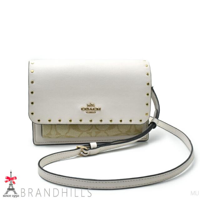 コーチ ショルダーバッグ PVC シグネチャー レザー ライトカーキ ホワイト ベルトバッグ C3326 COACH ほぼ未使用 【中古】