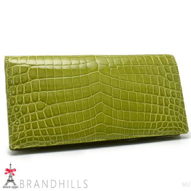 クロコダイル 長財布 チャトレウス イエローグリーン シャイニング加工 一枚革 センター取り 無双 日本製 JRA 新品
