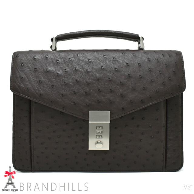 オーストリッチ セカンドバッグ メンズ ブラック マット加工 ダイヤルロック式 ハンドル付き 横幅27cm 紳士用 新品