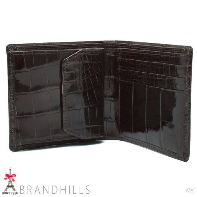 クロコダイル 財布 二つ折り メンズ ブラウン シャイニング加工 一枚革