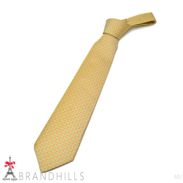 エルメス ネクタイ メンズ シルク100% オレンジ グリーン 剣先幅9cm 758597T HERMES 未使用品 【中古】