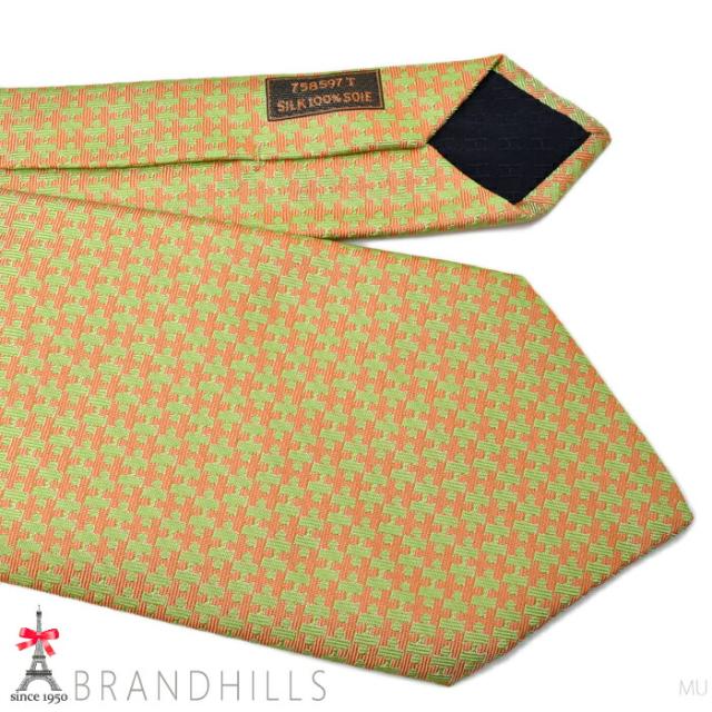 エルメス ネクタイ メンズ シルク100% オレンジ グリーン 剣先幅9cm