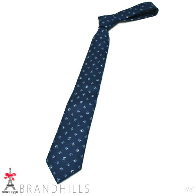 ルイヴィトン ネクタイ モノグラム エクリプス シルク100％ ブルー 剣先幅7cm M79087 LOUIS VUITTON 未使用新品 【中古】