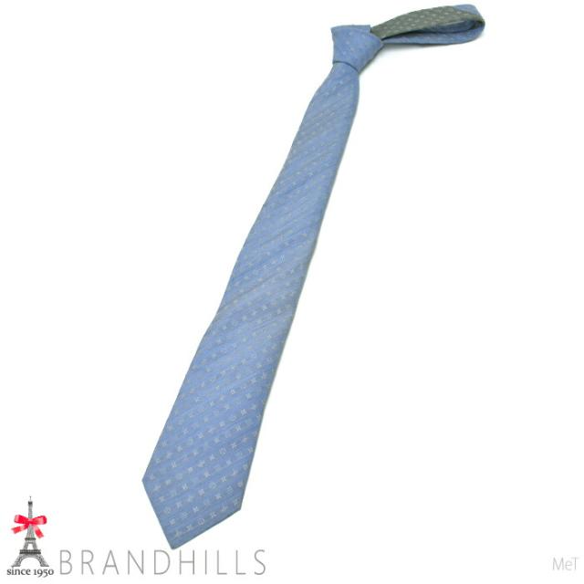 ルイヴィトン ネクタイ モノグラム シルク100％ ライトブルー グレー 剣先幅7cm M73223 LOUIS VUITTON 極美品 【中古】