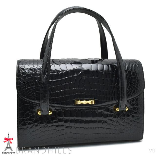 クロコダイル ハンドバッグ レディース ブラック シャイニング ダブルハンドル 良品 【中古】