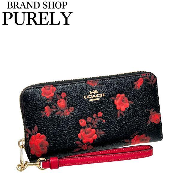コーチ 財布 レディース COACH 長財布 レザー フローラル プリント ロング ジップ アラウンド ウォレット CCL36 IMYEM ブラック×レッド