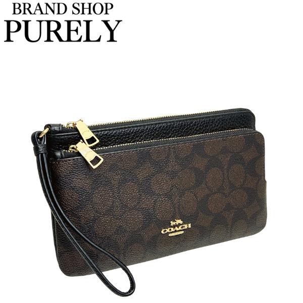 コーチ 財布 レディース COACH ポーチ シグネチャー ダブル ジップ リストレット CX161 IMXAQ ウォルナット×ブラック