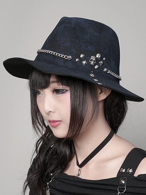 [APPAREL]/セックスポットリベンジ/GRUNGE STUDS BRIM ハット 黒x青 (F) ゴスロリ・パンク/SEX POT ReVeNGe