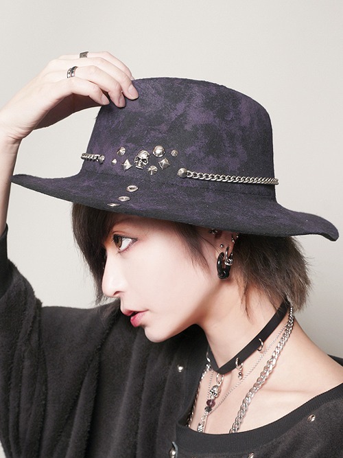 [APPAREL]/セックスポットリベンジ/GRUNGE STUDS BRIM ハット 黒x紫 (F) ゴスロリ・パンク/SEX POT ReVeNGe