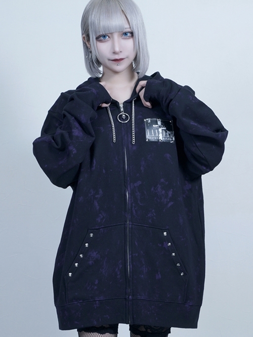 [APPAREL]/セックスポットリベンジ/VANDAL GRUNGE ZIP パーカ 黒×紫ペイント (F) ゴスロリ・パンク/SEX POT ReVeNGe
