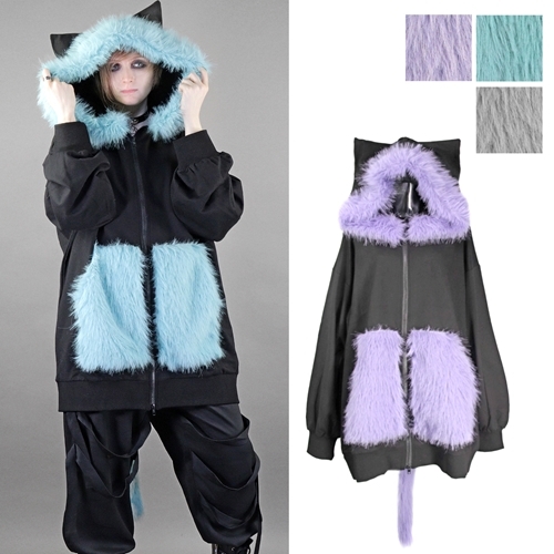 [APPAREL]/ディオラート/オーバーサイズ・猫耳ジップパーカー しっぽチャーム付 ブラック x ミント (F) ゴスロリ・パンク/Deorart