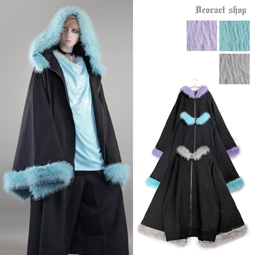 [APPAREL]/ディオラート/フードファー・ポンチョ ブラック x ミント (F) ゴスロリ・パンク/Deorart