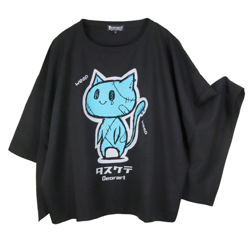 [APPAREL]/ディオラート/オーバーサイズ・着物袖 プリントTシャツ [ シクシクネコ ] ブラック×ミント (M) ゴスロリ・パンク/Deorart