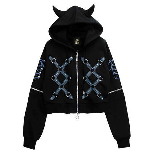 [APPAREL]/リッスンフレーバー/束縛のツノ付き2WAYクロップドパーカー(裏毛) BLACK (F) ゴスロリ・パンク/LISTEN FLAVOR