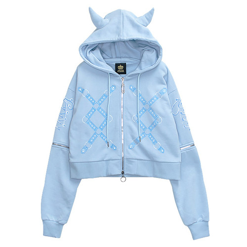 [APPAREL]/リッスンフレーバー/束縛のツノ付き2WAYクロップドパーカー(裏毛) LIGHT BLUE (F) ゴスロリ・パンク/LISTEN FLAVOR