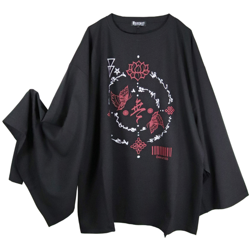 [APPAREL]/ディオラート/オーバーサイズ・着物袖 長袖カットソー中華風・和風 ブラック x ワイン (M) ゴスロリ・パンク/Deorart