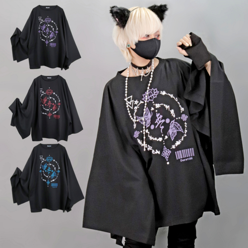 [APPAREL]/ディオラート/オーバーサイズ・着物袖 長袖カットソー中華風・和風 ブラック x パープル (M) ゴスロリ・パンク/Deorart