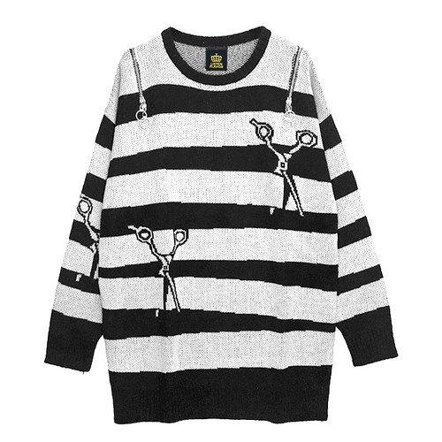 [APPAREL]/リッスンフレーバー/切り裂きシザーズ ボーダーニット BLACK x WHITE (F) ゴスロリ・パンク/LISTEN FLAVOR