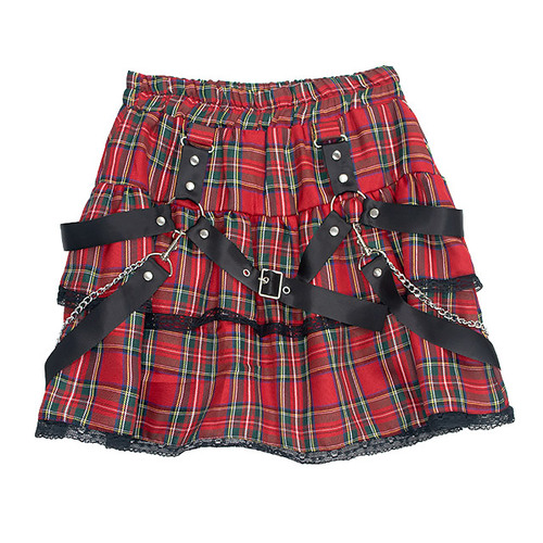 [APPAREL]/リッスンフレーバー/ハーネスティアードスカート RED CHECK (F) ゴスロリ・パンク/LISTEN FLAVOR